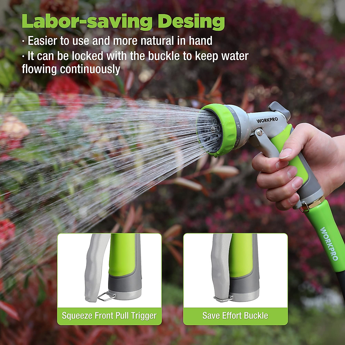 WORKPRO Garden Hose Nozzle - 100% Heavy Duty Metal Water Hose Spray with 8 Adjustable Spray Patterns, Hand Sprayer with Thumb Control for Car Washing, Plants Watering, Pets Showering, Outdoor Fun