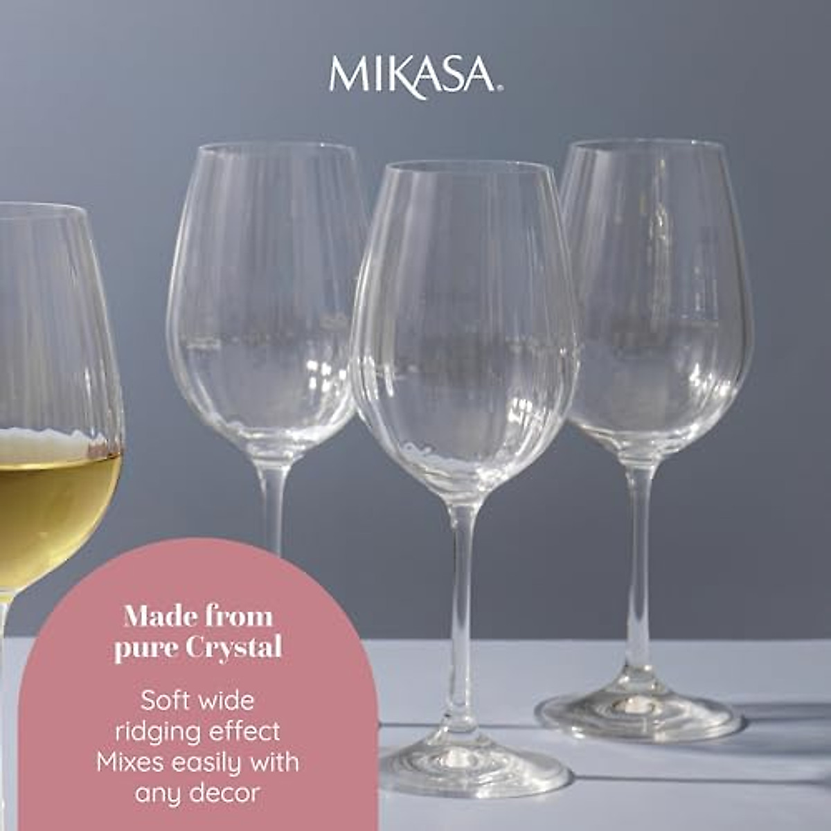 MIKASA Treviso Crystal White Wine Glasses, 350ml, Set of 4 Lead-Free, Clear Fine Glasses with Rippled Effect for Celebrations