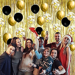 Black and Gold Party Decorations Kit, Gold Foil Fringe Curtain Backdrop, Black and Gold Balloons Set, Graduation Party Decorations 2023, Black and Gold Birthday Party Supplies