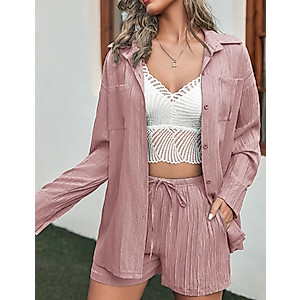 Ekouaer Women's V Neck Lounge Sets Button Down Shirt and Shorts 2 Piece Outfits Loungewear Pajama with Pockets Dusty Rose