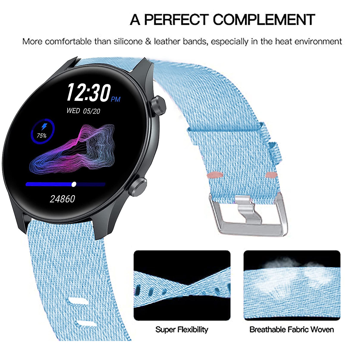 Lamshaw Compatible for TouchElex Venus Smartwatch Band, Breathable Nylon Woven Fabric Replacement Accessory Strap Compatible for TouchElex Venus 1.2" Smart Watch/Deeprio PASCUA Smart Watch (Blue)