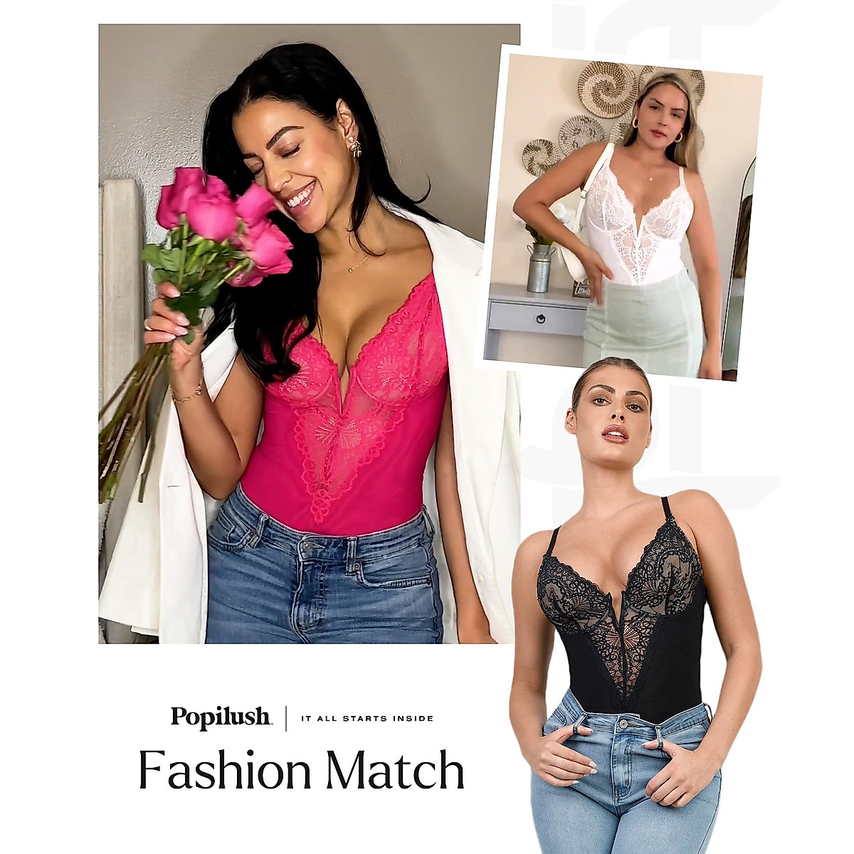 Popilush Shapewear Tummy Control Lace Bodysuits for Women Low Back Sleeveless V Neck Body Shaper Black XL