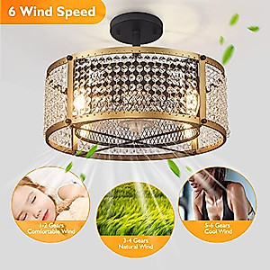 Zhizenl Ceiling Fan with Lights, 6 Speeds Reversible Crystal Ceiling Fans with Remote Control, Low Profile Industrial Modern Ceiling Fan Lights for Living Room Bedroom Kitchen Island (Gold & Black)