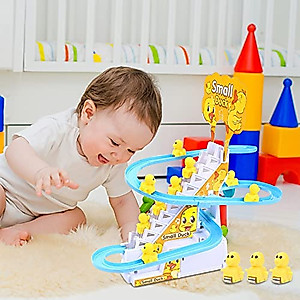 Small Ducks Climbing Toys, Electric Ducks Chasing Race Track Game Set, Playful Roller Coaster Toy with 9 Duck LED Flashing Lights & Music Button, Fun Duck Stair Climbing Toy for Toddlers and Kids (A)