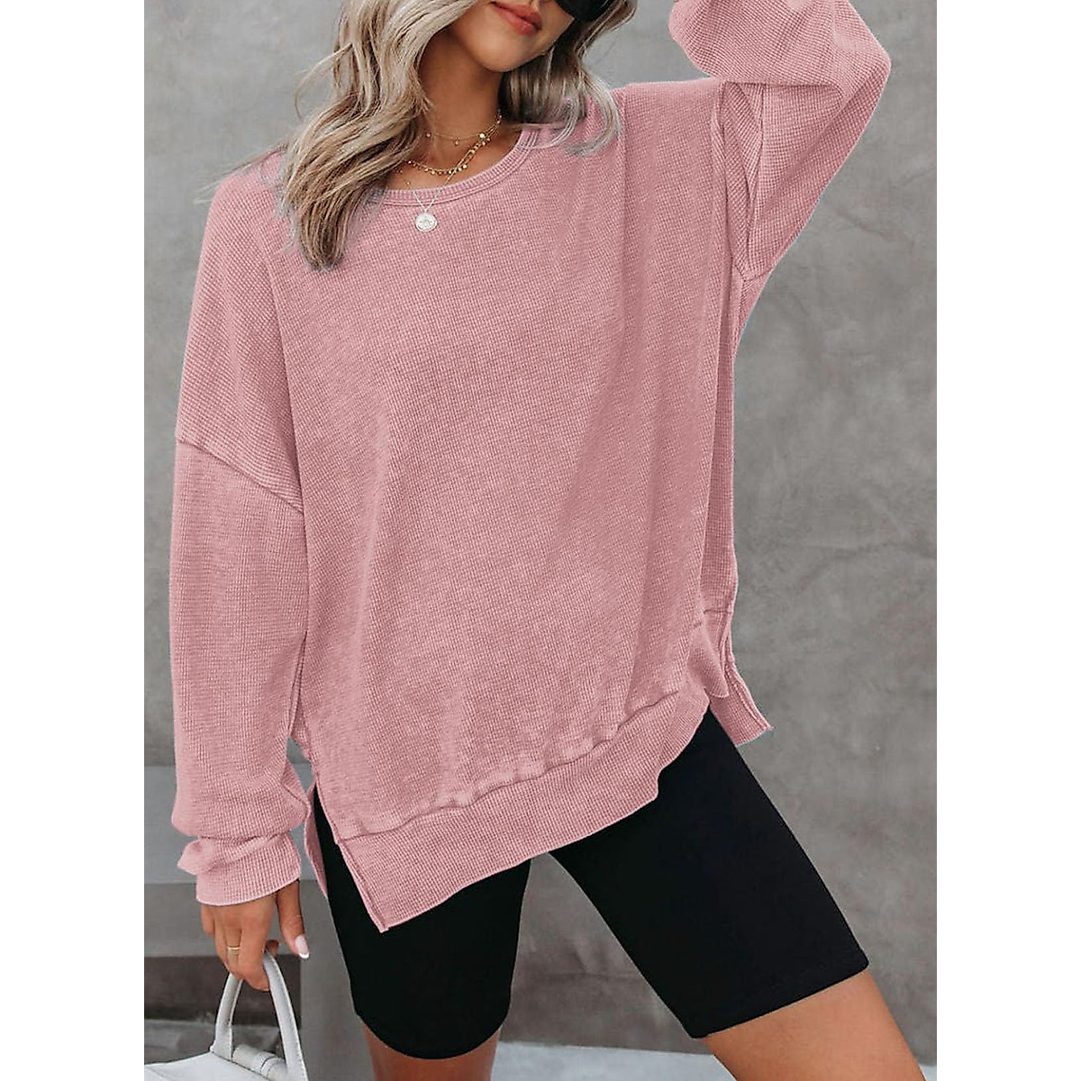 Dokotoo Womens Waffle Knit Oversized Crewneck Sweatshirt for Women Trendy Side Split Long Sleeve Pullover High Low Slouchy Fit Casual Cute Sweatshirts Tops Fall Outfits Clothes 2024 Pink Medium