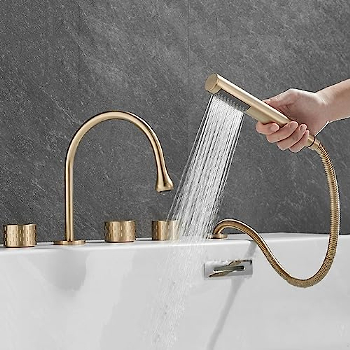 WuDLi Shower Set 5 Hole Bath Shower Mixer Tap Set 360° Swivel Spout Bath Shower Mixer Tap Modern Bath Taps Deck Mounted Dual Lever Bathroom Mixer Tap Bath, Black
