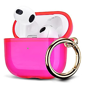 AIRSPO Airpods 3 Case Cover, Clear Soft TPU Protective Cover Compatible with Apple AirPods 3rd Generation Wireless Charging Case with Keychain (Neon Hot Pink)