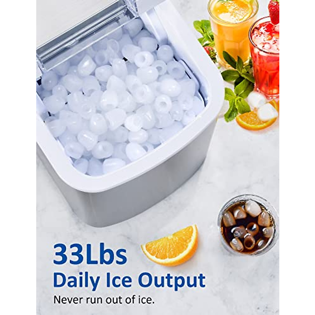 33Lbs/24H Ice Maker Countertop, 10 Ice Cube in 8 Mins, Smart Touch Control LED Panel, Time Reservation & Countdown, Self-Cleaning, 2 Sizes Ice Cube, Portable for Home Camping Party RV, Stainless Steel