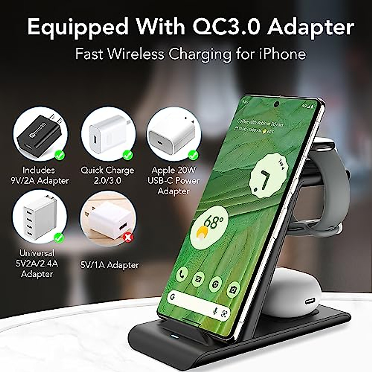 Upgraded 3 in 1 Wireless Charger for Google Pixel Watch, Pixel Fold/7a/7/7 Pro/6/6 Pro/5/4, Pixel Buds Pro, Wireless Charging Station for Multiple Devices iPhone 14/13, Airpods 3/2/1/Pro (Dark Black)