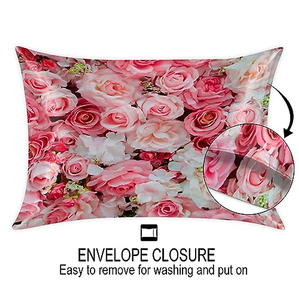 Flower Pink Roses Satin Pillow Cases Silk Satin Pillowcase for Hair and Skin Standard Set of 2 Super Soft Silk Pillowcase with Envelope Closure (20x26 in)