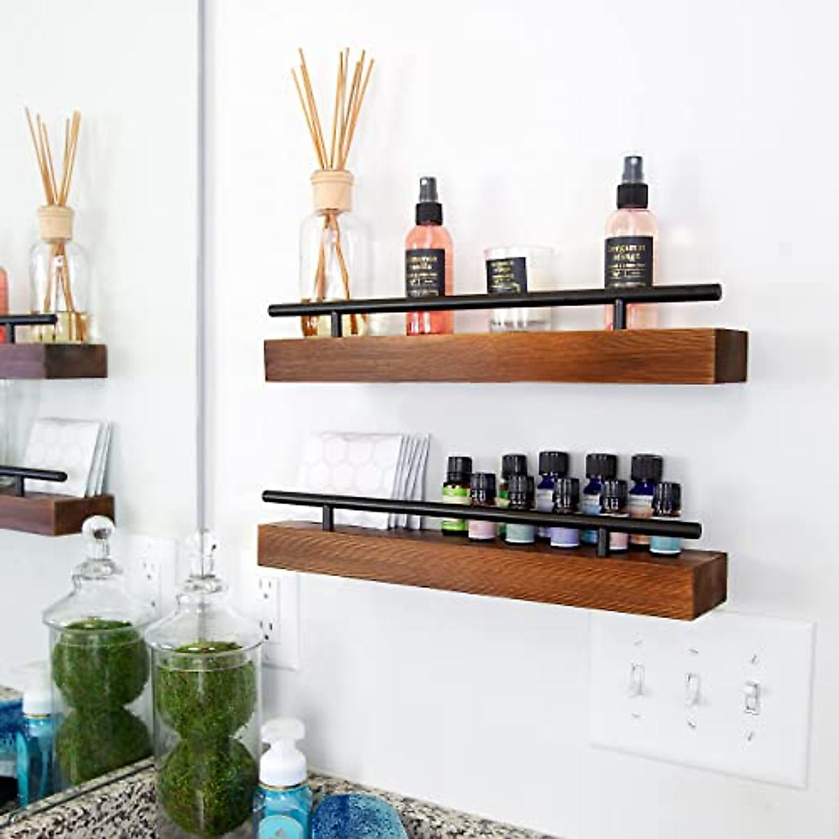 Ripple Creek Floating Shelf Spice Rack - Multipurpose Pantry, Kitchen & Bathroom Wall Mounted Organizer for Spices, Essential Oils - Rustic Wood Hanging Shelving for Home - Solid Pine