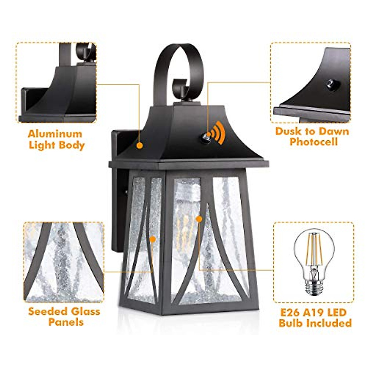 CLOUDY BAY 120V Outdoor Wall Lantern with Dusk to Dawn Photocell,Exterior Porch Light,House Wall Light,Includes LED Filament Bulb,Oil Rubbed Bronze