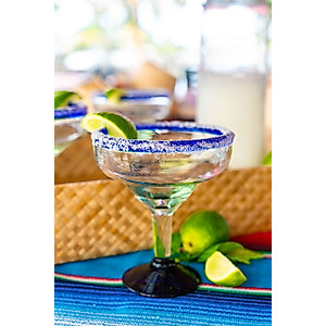 EMPORION Set of 4 Hand-Blown Margarita Glasses from Mexico with Cobalt Blue Rim - Rustic & Handcrafted Recycled Bubble Glass Drinking Glassware - 14 Oz