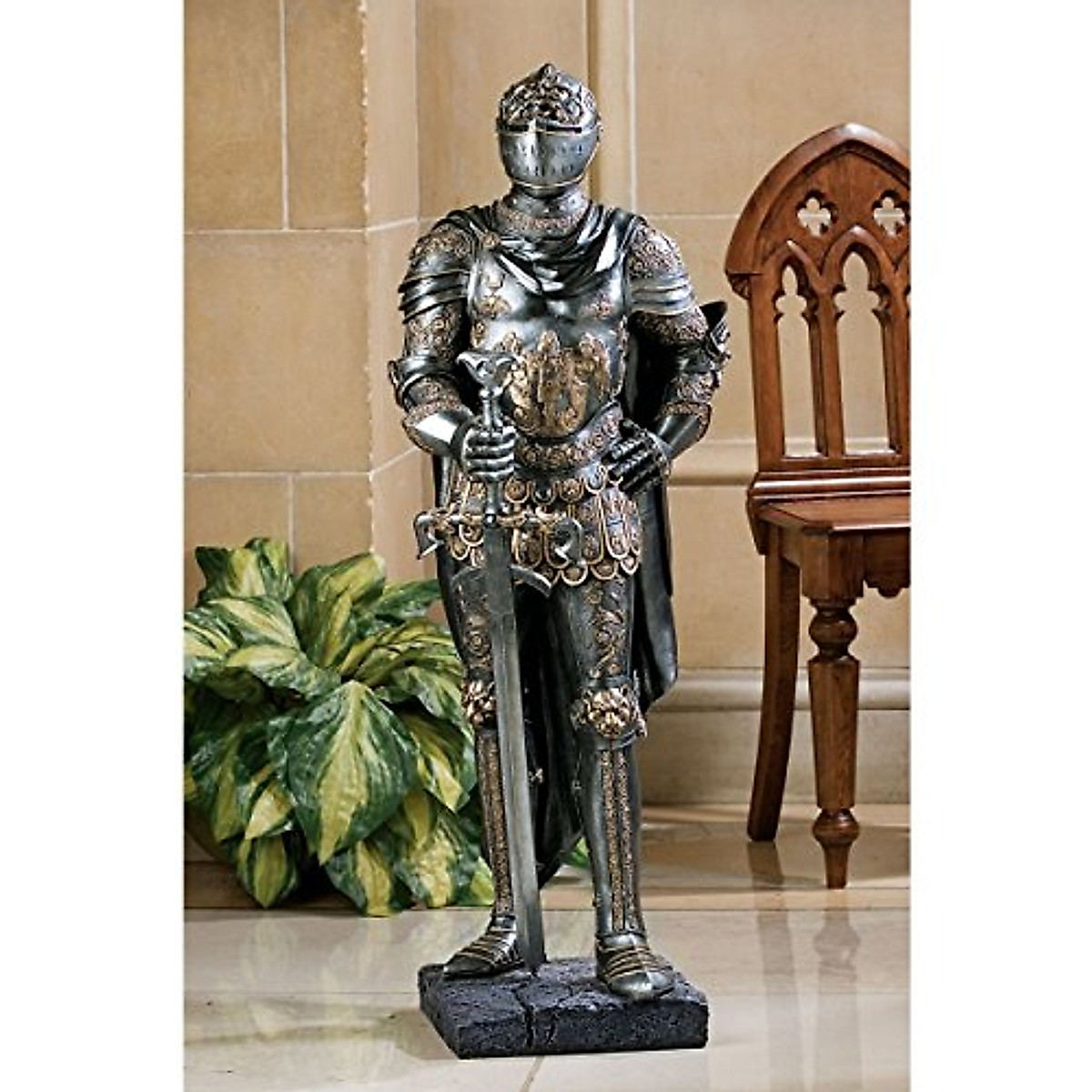 Design Toscano King's Guard Medieval Decor Half Scale Knight Armor Gothic Statue, 39 Inch Tall, Cast Stone Resin, Metallic Finish with Faux Stone Base