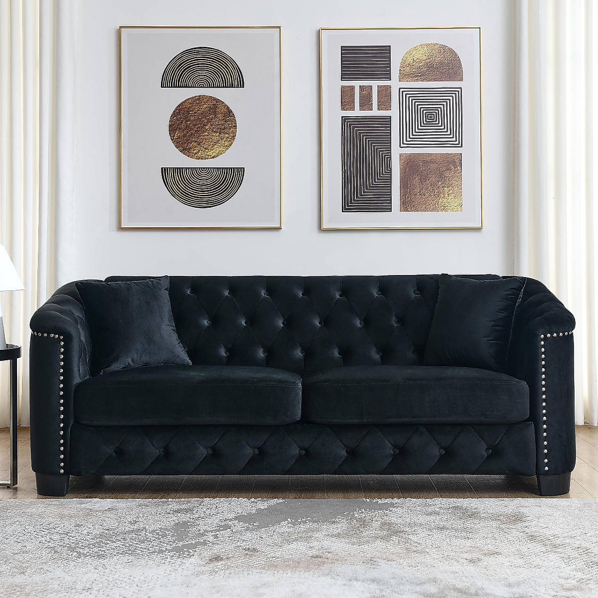 Goohome 77" Modern Chesterfield Sofa 3-Seater, Velvet Loveseat Sofá Couches for Living Room, Comforty Upholstered Tufted Backrests with Nailhead Arms and 2 Cushions, for Apartment Bedroom, B-Black A