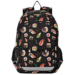 Vnurnrn Kids Backpack Japanese Sushi Print Big Storage Multi Pockets 17.7 IN School Backpack with Chest Buckle Reflective Strip for Boys Girls 6+ years in Primary Middle High School