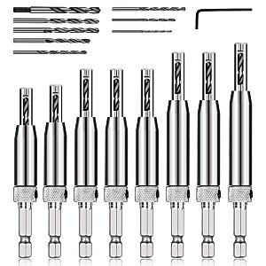 COMOWARE 17pcs VIX Bits Self Centering Drill Bit Set, 1/4" Hex Shank Self Centering Hinge Drill Bit Set for Woodworking Window Door Hinge, Quick Change with 1 Hex Key & 8 Drill Bits 5/64-1/4”