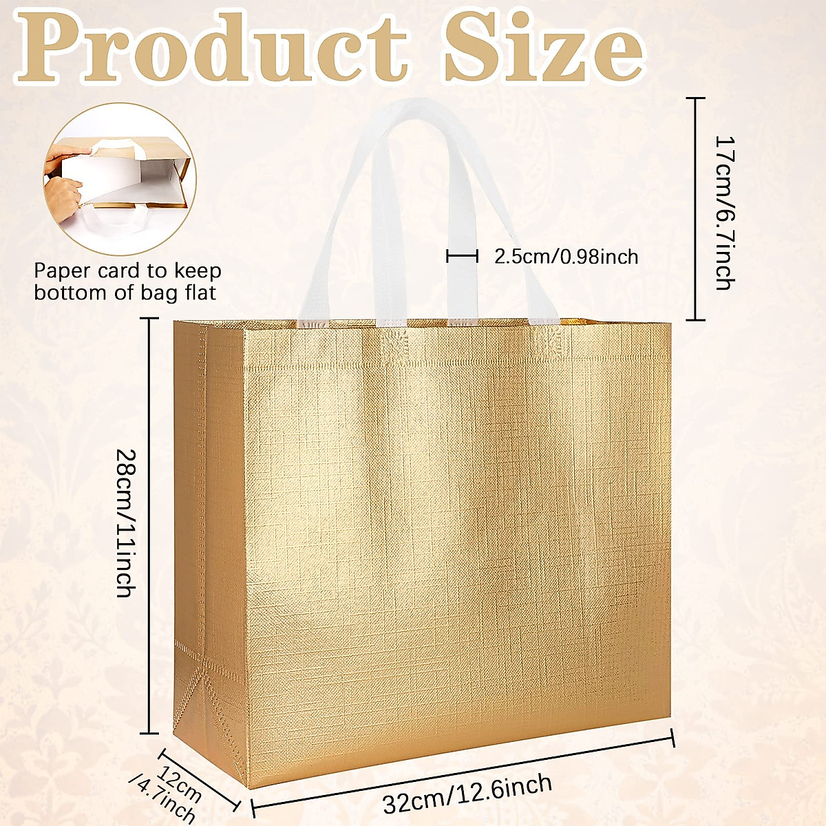Rikkmte 12Pcs Reusable Gift Bags,Gold Glossy Tote Bags with Handle,Glossy Finish Grocery Bag,Non-woven Shopping Bags,Foldable Bridesmaids Bags Gift Bags for Women Bridesmaid Wedding Birthday Party