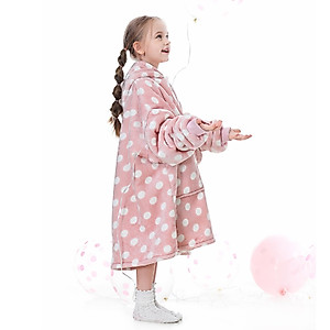Aemicion Kids Blanket Hoodie,Oversized Wearable Blanket,Cozy Sherpa Sweatshirt Blanket,Gifts for Kids-Pink Polka Dot
