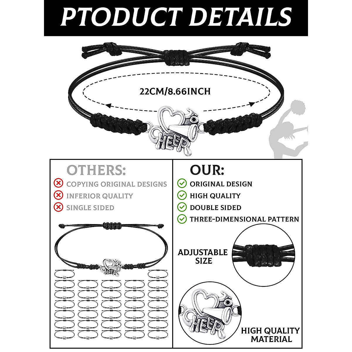 Rtteri 20 Pcs Cheerleader Gifts Cheer Bracelet Girls Charm Bracelet Adjustable Cheerleader Gifts For Cheer Team Jewelry Accessories Bulk(Black)