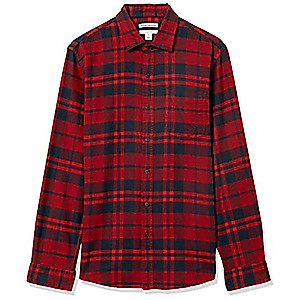 Amazon Essentials Men's Slim-Fit Long-Sleeve Plaid Flannel Shirt (Limited Edition Colors), Navy Red Plaid, Medium