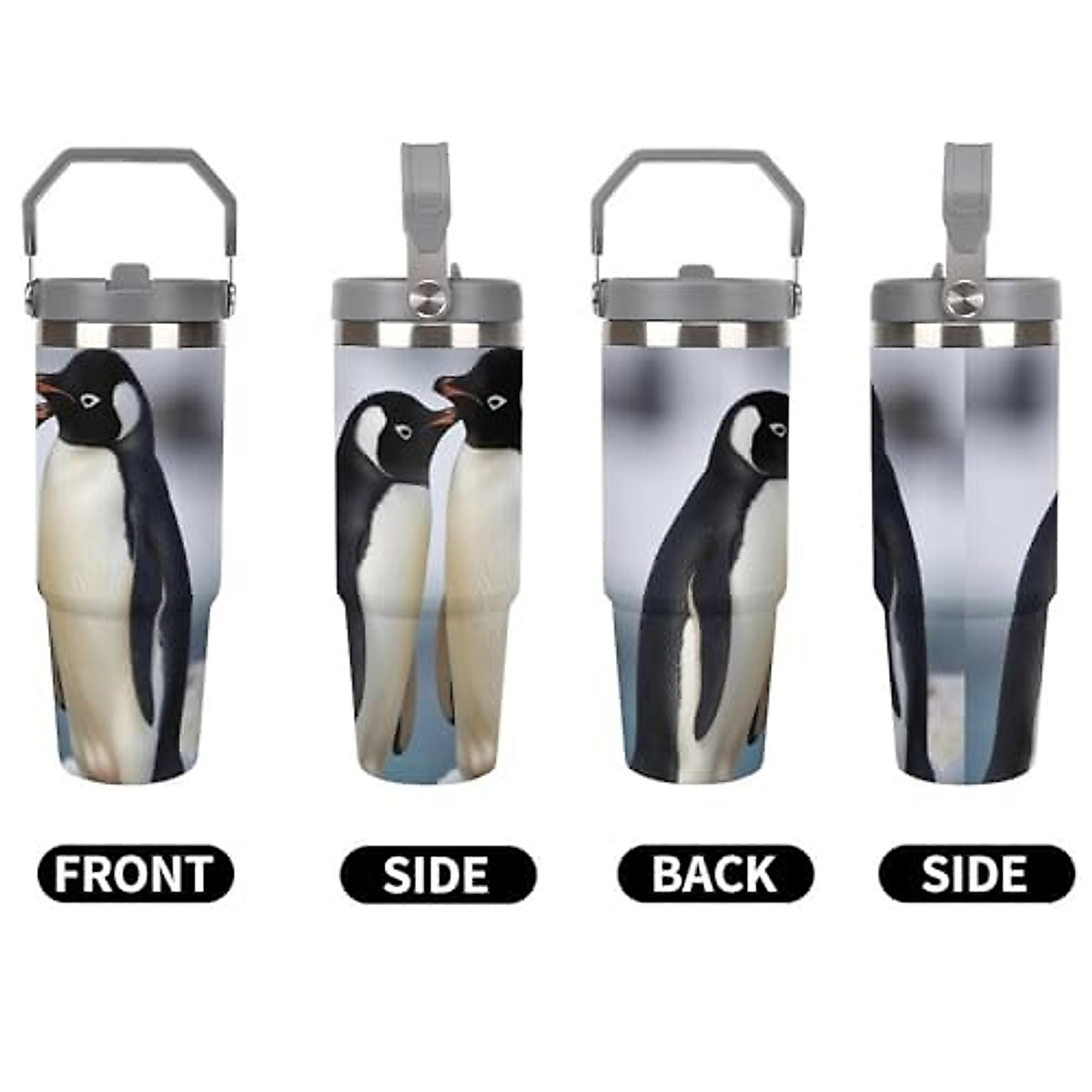 30oz Stainless Steel Insulated Tumbler with Flip Lid & Straw, Leakproof Travel Mug for Car, I Love Penguins Double Wall Vacuum Thermal Coffee Cup with Handle, Spill-Proof Design for Hot/Cold Drinks