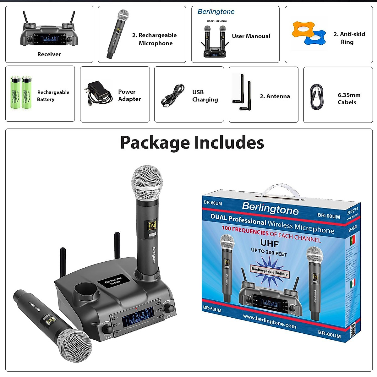 Berlingtone, Professional Dual Dynamic Handheld UHF Wireless Microphone System, Magnetic Wireless Charging, 2x100 Adjustable Frequency Channels for Karaoke, Meeting, Church, up 200ft Range (BR-60UM)
