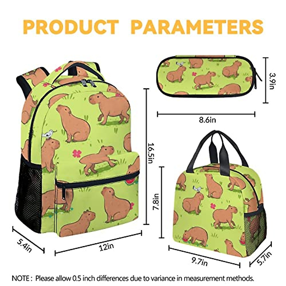 CUNEXTTIME Capybara Backpack with Lunch Box And Pencil Case, Set of 3 Cute Bookbag for Girls Boys, Lightweight Large Capacity School Bag