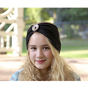 Handmade Black Knitted Wool Headband Ear Muffs with Coconut Button