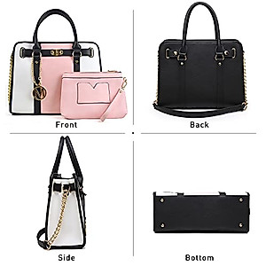 Women Fashion Satchel Shoulder Purse Vegan Leather Tote Handbags Top Handle Bag 2pcs with Wallet(Pink/White)