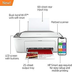 HP DeskJet 27 22 All-in-One Wireless Color Inkjet Printer, White - Print, Scan, Copy - 1200 x 1200 dpi, Flatbed Scanner, Icon LCD Display, WiFi, Bluetooth, USB Connectivity, CBMOUN Printer Cable