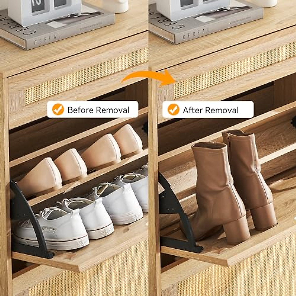 IDEALHOUSE Natural Rattan 3 Flip Door with 1 Drawer Shoe Cabinet Organizer Freestanding, Shoe Rack Storage Cabinet for Entryway with 3-Tier Adjustable Shelves for Slippers, Sneakers, Heels, Boots