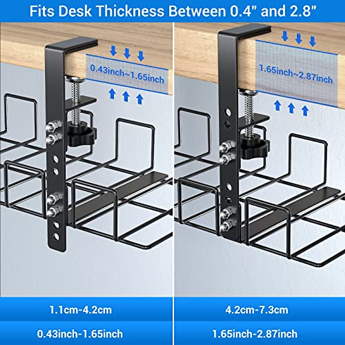 Under Desk Cable Management Tray - No Drill Clamp Mount Steel Cords Organizers - 15.7“ High Capacity Adjustable Removable Docking Station Wires Holder Rack - Home Office Kitchen Table Raceway -1pc