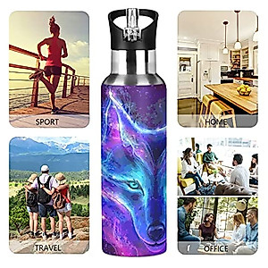 Wolf Galaxy Water Bottle Kids Thermos Bottle with Straw Lid Wolf Print Galaxy Insulated Stainless Steel Water Flask for Sport Gym Outdoor 20 oz