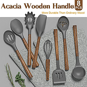 Umite Chef Silicone Cooking Utensil Set, 8-Piece Kitchen Utensils Set with Natural Acacia Wooden Handles,Food-Grade Silicone Heads-Silicone Kitchen Gadgets and Spatula Set for Nonstick Cookware - Grey