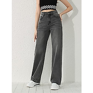 SweatyRocks Girl's High Waisted Solid Straight Leg Jeans Casual Loose Denim Pants Dark Grey 12-13Y