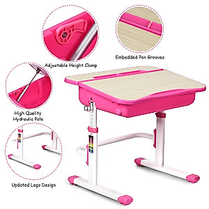 BABY JOY Kids Desk and Chair Set, Height Adjustable, Children's Study Table with Large Storage Space, Ergonomic Winged Backrest Chair, Student School Desk Set Great Gift for Ages 3 to 14 (Pink)