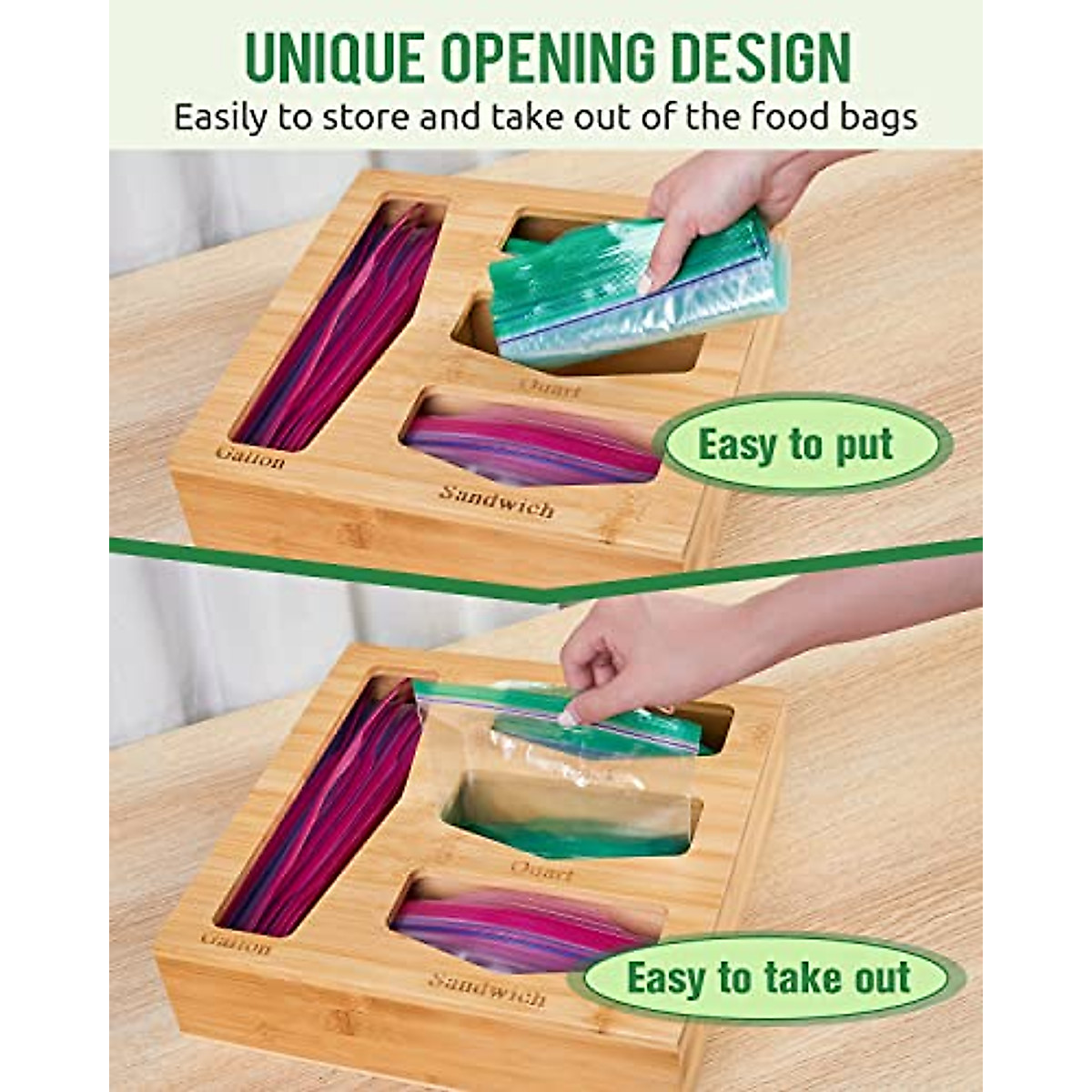 Ziplock Bag Storage Organizer for Kitchen Drawer, 4-in 1 Bamboo Food Baggie Holder, Compatible with Ziploc, Solimo, Glad, Hefty for Gallon, Quart, Sandwich, Snack & Freezer Gallon Variety Size Bag