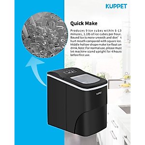 KUPPET Ice Maker Machine for Countertop, Portable Ice Cube Makers, Make 26 lbs ice in 24 hrs,Ice Cube Rready in 6-8 Mins with Ice Scoop and Basket for Home/Office/Bar (Black)