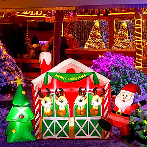 9 Ft Long Large Christmas Inflatable Santa Claus in Reindeer Stable with Christmas Tree, Blow Up Yard Decorations with LED Lights for Indoor Outdoor, Home, Xmas Party, Lawn, New Year
