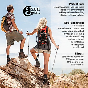 aZengear Premium Coolmax Merino Wool Hiking Socks for Men & Women - Trekking - Seamless Toe - Cushioned - Breathable & Soft - L