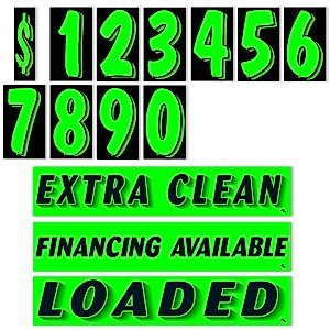 VERSA-TAGS 7.5" Black/Green Vinyl Number Decals 11 Dozen Set Windshield Pricing & 1 Pack of Each of Extra Clean, Financing Available, Loaded 14.5" x 2.75" Sticker Windshield Decal Auto Dealership