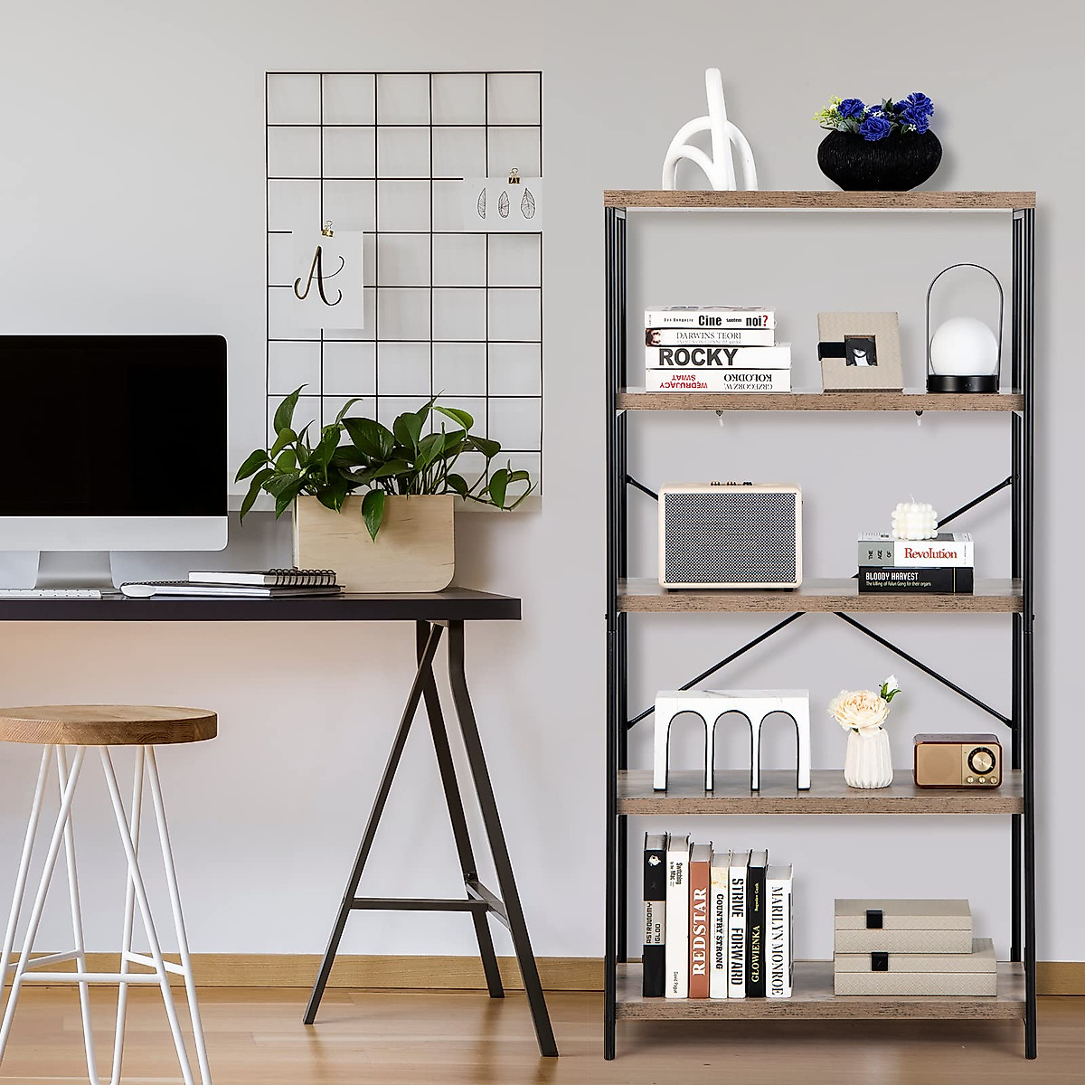 Tangkula 5-Tier Bookcase, Rustic Industrial Bookshelf, Decor Accent Display for Home, Office, Living Room, Bedroom, Wood Shelves w/Metal X-Shaped Frame, Display Bookshelf (Grey)