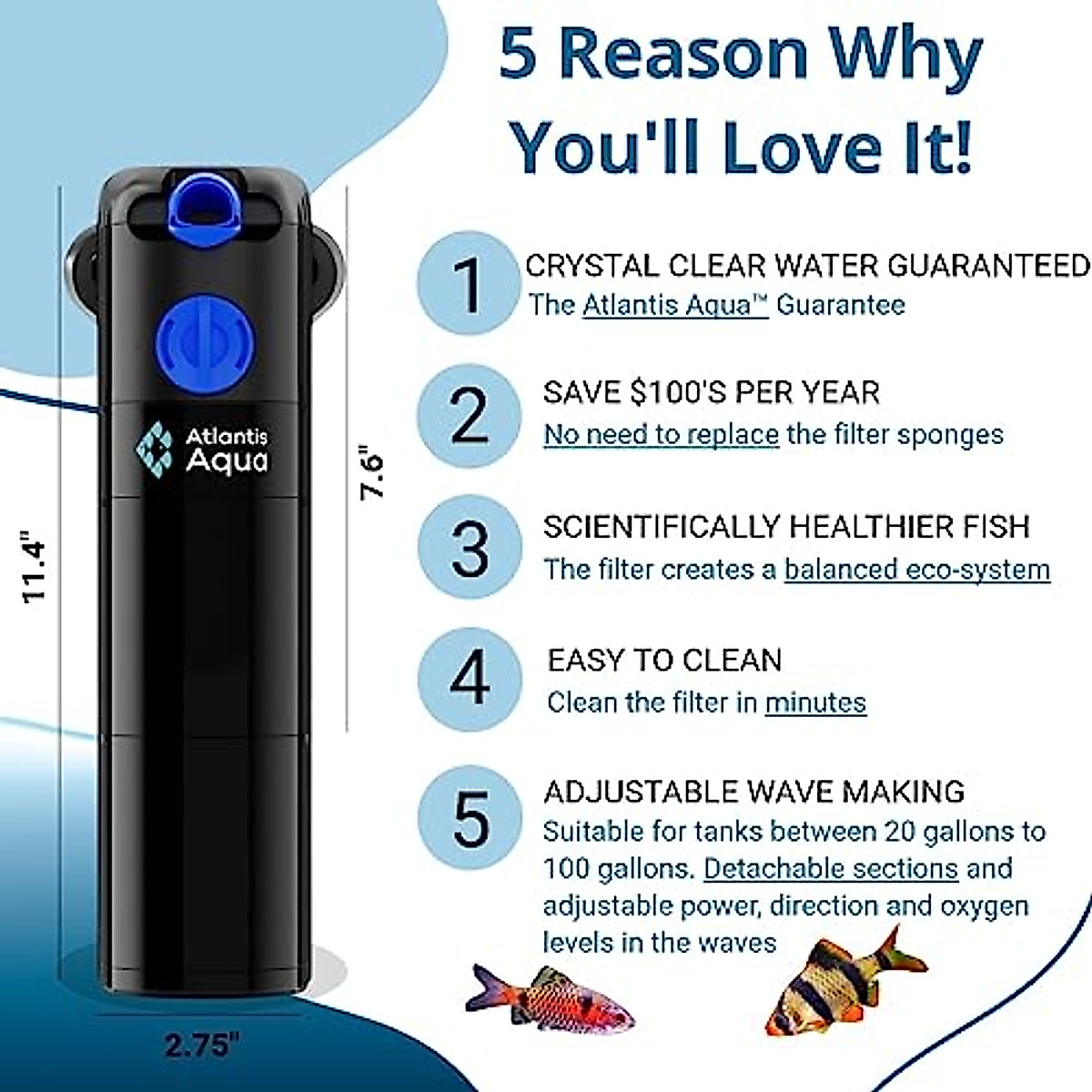 Atlantis Aqua™ Internal Filter for Aquarium | Fish Tank Filter | Fish Tank Filter 20 Gallon - 100 Gal, Crystal Clear Water & Healthy Fish Guaranteed | Submersible Aquarium Filter, Filter for Fish Tank