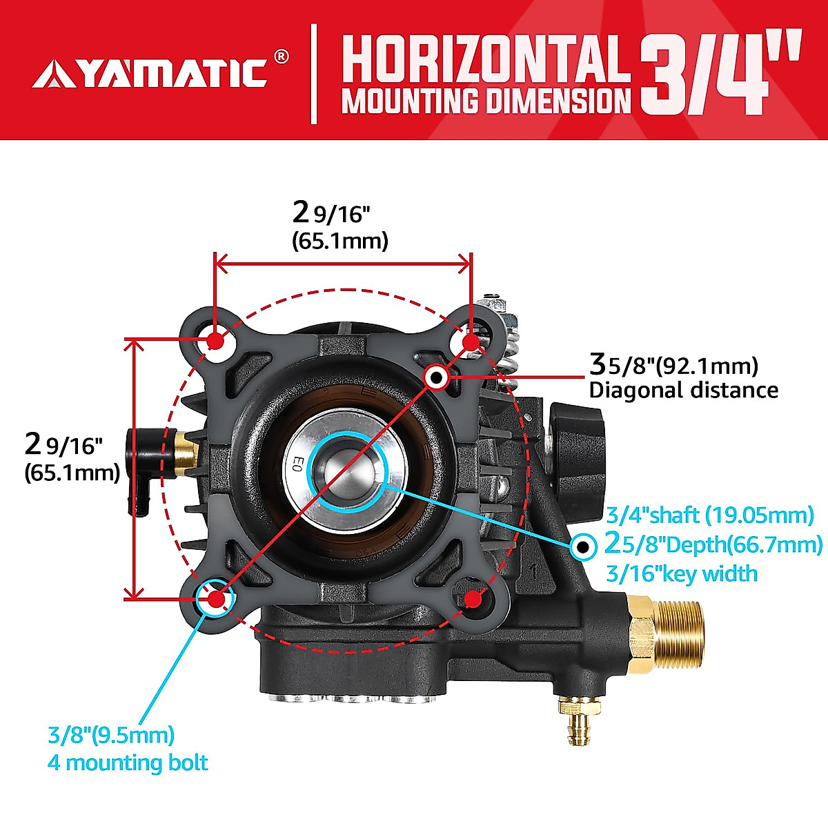 YAMATIC 3/4" Shaft Horizontal Pressure Washer Pump Max 3400 PSI @ 2.6 GPM Replacement Pump Compatible with Simpson 90029, 520002,520004,Dewalt dxpw3425 Honda GC190 and More