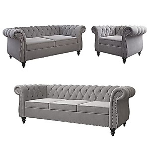 PHOYAL 3 Piece Living Room Set, Chesterfield Velvet Sofa Loveseat Couch Chair with Scroll Arms and Nailhead for Living Room, Office (Grey, 1-2-3)