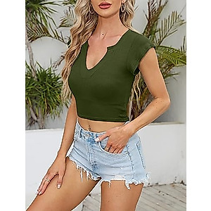 Syellowafter Womens Summer Crop Tops Sexy Y2K Cap Sleeves Low Cut V Neck Ribbed Basic Slim Fit Tunic Green Medium