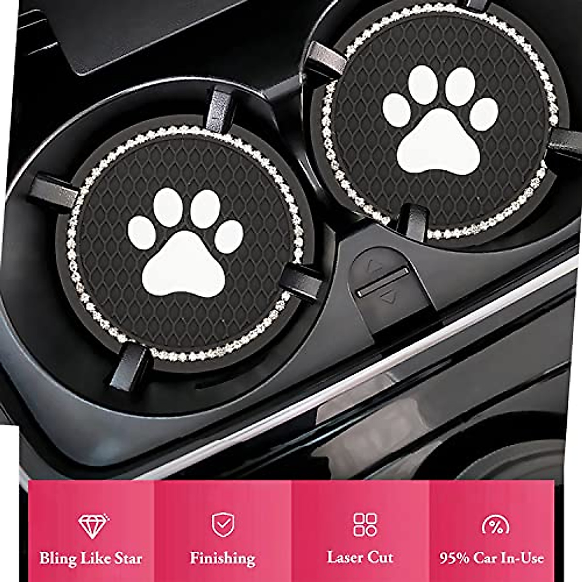 JIMAT Bling 2 Pack PAW Car Coasters for Cup Holders in Holder Set Accesories Crystal Vehicle Interior Accessories Mats Women Lady Girl 2.75in Diameter (Black) (JM-8698)
