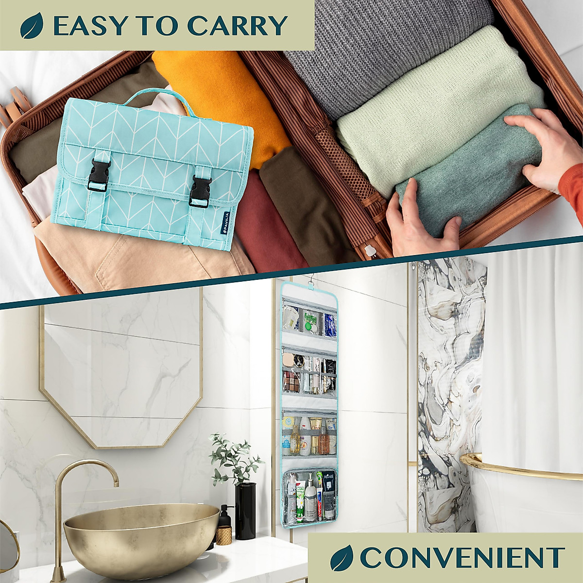 PAVILIA Travel Hanging Toiletry Bag for Women Men, Extra Large Capacity Makeup Bag Kit, Waterproof Cosmetic Storage Organizer Case for Bathroom Shower, Teal Chevron