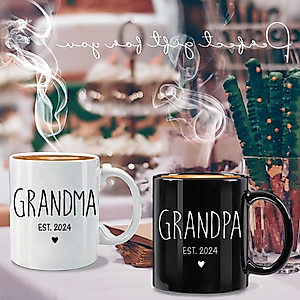 FALJIOK 2Pcs Grandparent Coffee Mugs 11oz Est 2024 Set, 2024 Best Congratulatory Gifts for Grandparent Mom Dad, Christmas Birthday Thanksgiving Gifts for Grandma Grandpa Black & White